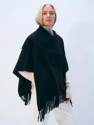WHITE & WARREN Cashmere Blend Fringe Poncho - Black