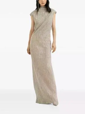 Brunello Cucinelli Dazzling Chevron Embroidery Dress In Sparkling Mohair And Wool - Neutrals