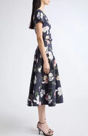Oscar De La Renta Floral Stretch Cotton Poplin Midi Dress - Navy Multi