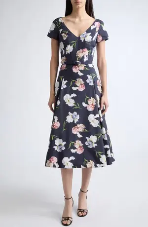 Oscar De La Renta Floral Stretch Cotton Poplin Midi Dress - Navy Multi