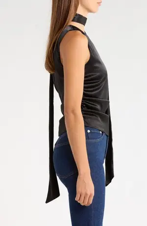 KITTENISH Casey Satin Scarf Neck Top - Noir