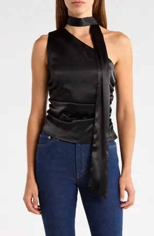 KITTENISH Casey Satin Scarf Neck Top - Noir