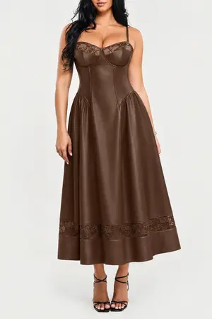 POPILUSH Shapewear Faux Leather Lace Panel Corset A-line Midi Dress Chocolate
