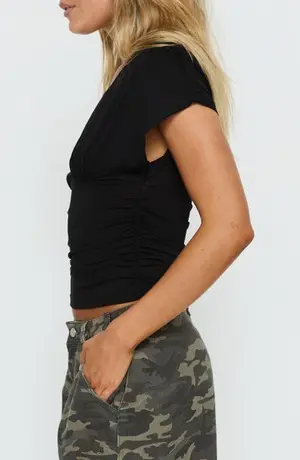 Princess Polly Mattey Cinched V-neck T-shirt - Black
