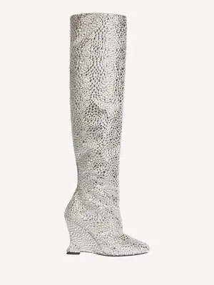 Balmain Wedge Thigh-high Satin Boots With Crystals - Silver