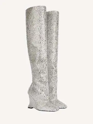 Balmain Wedge Thigh-high Satin Boots With Crystals