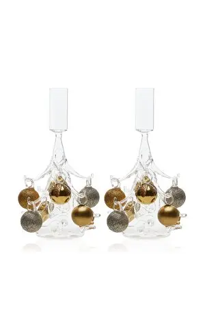 MODA DOMUS Set-of-two Handmade Glass Christmas Tree Candlesticks - Multi