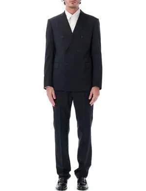 Emporio Armani Virgin Wool Double-breasted Suit With Peak Lapels And Straight-leg Trousers - Blue