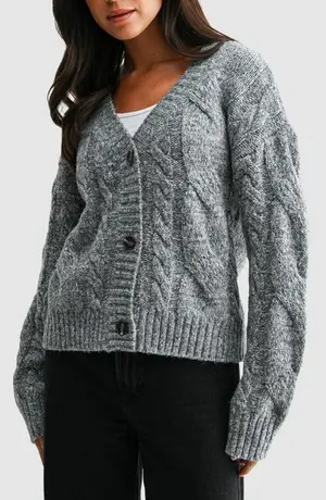 ALL IN FAVOR Chunky Marled Cable Knit Cardigan - Gray