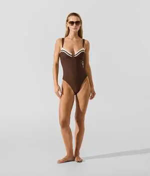Karl Lagerfeld Signature Contrast Trim Swimsuit - Chestnut