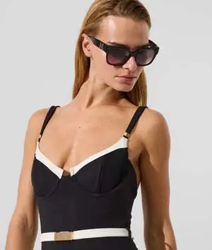 Karl Lagerfeld Signature Belted Swimsuit - Black