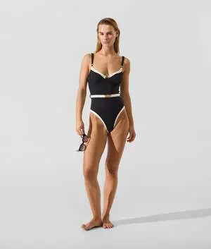 Karl Lagerfeld Signature Belted Swimsuit - Black