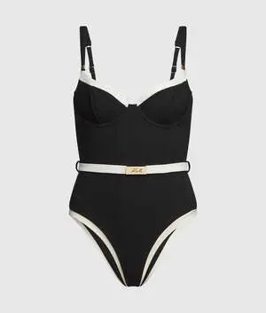 Karl Lagerfeld Signature Belted Swimsuit - Black