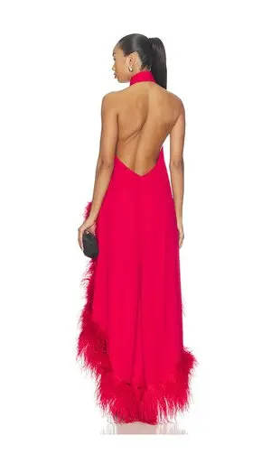 BRONX BANCO Halter Neck Feather Gown In Red