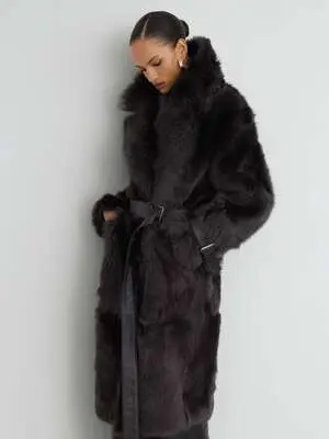 ATELIER Shearling Belted Long Coat - Grey