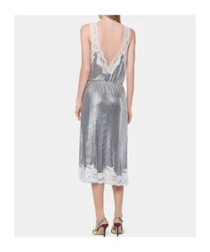Rabanne Hand Assembled Midi Dress In Silver Mesh And Ivory Lace