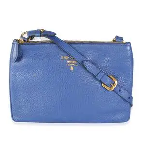 Prada Bluette Vitello Phenix Double Zip Crossbody Bag - Blue
