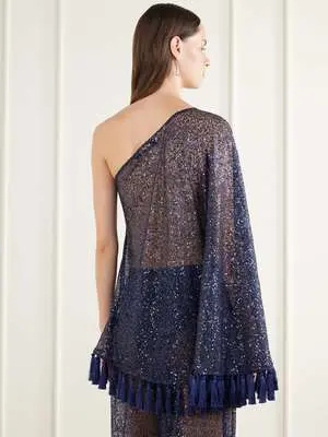 TALLER MARMO One-shoulder Fringed Sequined Mesh Mini Dress