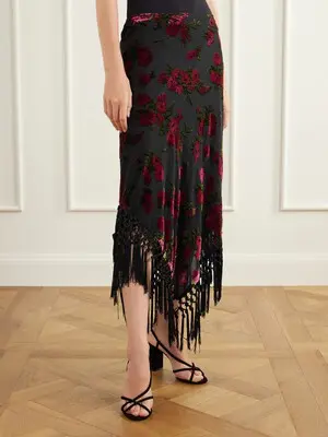 Anna Sui Asymmetric Floral-flock Fringe-trimmed Crepe Midi Skirt