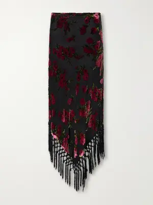 Anna Sui Asymmetric Floral-flock Fringe-trimmed Crepe Midi Skirt - Multi