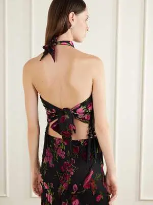 Anna Sui Halter Floral-flock Fringe-trimmed Crepe Top