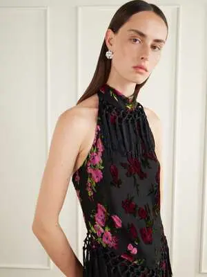 Anna Sui Halter Floral-flock Fringe-trimmed Crepe Top