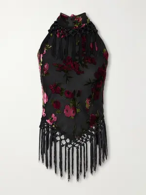 Anna Sui Halter Floral-flock Fringe-trimmed Crepe Top - Multi