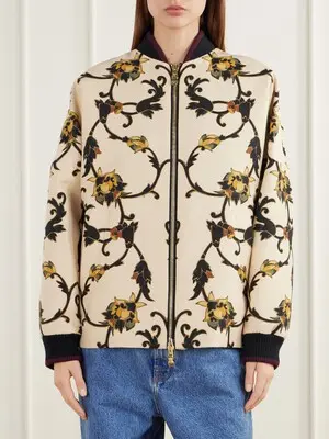 La DoubleJ Brooklyn Floral-print Rib-trimmed Wool-blend Cady Jacket - Neutrals