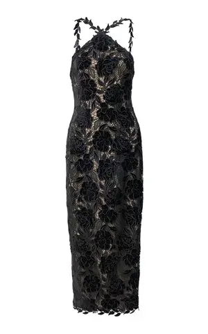 Carolina Herrera Rose Velvet Lace Midi Dress - Black