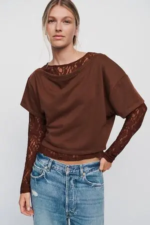 Anthropologie Cotton Blend Lace Twofer Top Brown