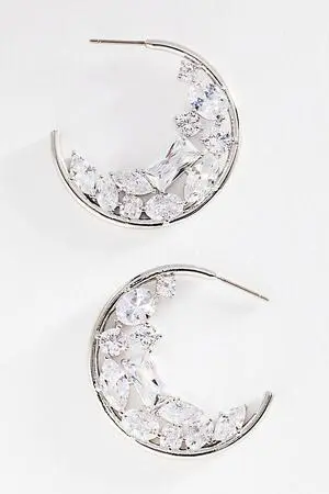 Anthropologie Crystal Cluster Crescent Hoop Earrgs Silver