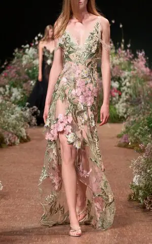 Elie Saab Sequin Embroidered Tulle Midi Dress