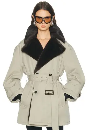 Alexander Wang Faux Fur Lined Oversized Trench Coat In Grey - Stone