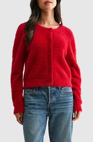 ALL IN FAVOR Fuzzy Crewneck Cardigan - Red