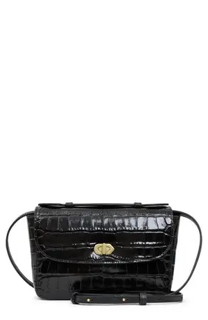 Clare V. Kathryn Croc Embossed Leather Shoulder Bag - Black
