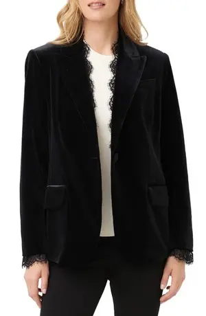 Karen Kane Lace Trim Velvet Blazer - Black