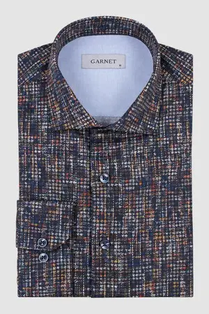 GARNET Ulric Regular-fit Print Long-sleeve Button-down Shirt - Navy