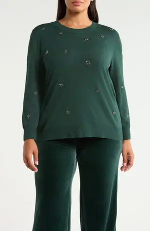 Anne Klein Star Embellished Crewneck Sweater - Pine Forest