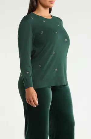 Anne Klein Star Embellished Crewneck Sweater - Pine Forest