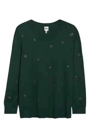Anne Klein Star Embellished Crewneck Sweater - Pine Forest