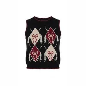 ANOTHER GIRL Bow Argyle Sleeveless Knit Top - Black