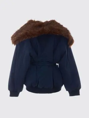 ELEH Short Faux Fur Robe-style Jacket With Belt And Sailor Collar - Blue