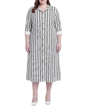 STANDARDS & PRACTICES Plus Striped Button Front Midi Shirt Dress - Light Grey