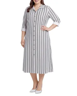 STANDARDS & PRACTICES Plus Striped Button Front Midi Shirt Dress