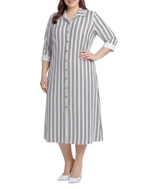 STANDARDS & PRACTICES Plus Striped Button Front Midi Shirt Dress