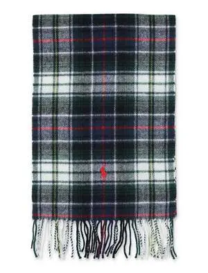 Polo Ralph Lauren Check Wool Blend Scarf With Embroidered Logo And Fringed Ends
