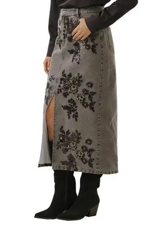 Karen Kane Sequin Floral Front Slit Denim Midi Skirt