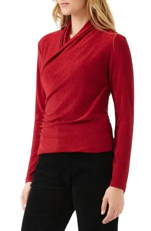 Karen Kane Crossover Side Shirred Metallic Knit Top - Red
