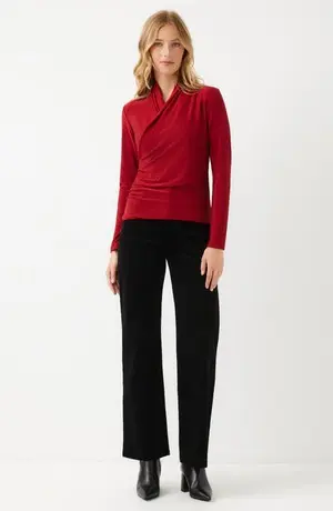 Karen Kane Crossover Side Shirred Metallic Knit Top - Red