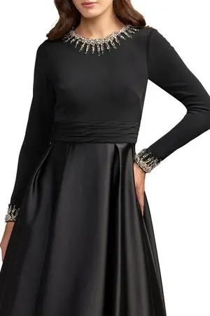 Mac Duggal Petite Embellished Long-sleeve Satin Ball Gown